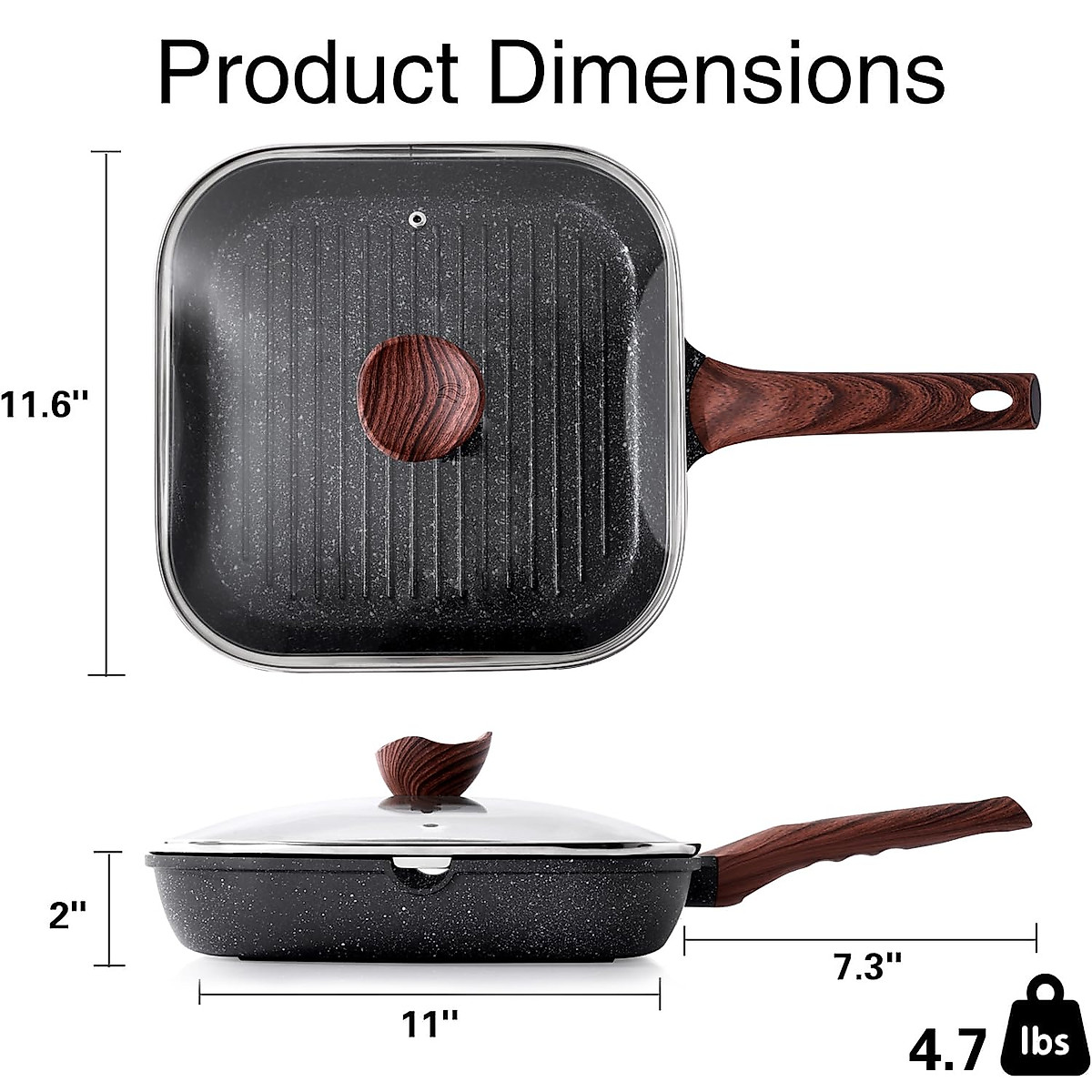 Kordisen Nonstick Grilling Pan with Lid for Stove Tops, 11 Inch Square Grill Pan for Indoor Cooking, Granite Coating Grill Skillet with Pour Spouts, Versatile Griddle, Induction Steak Pan, PFOA Free
