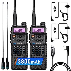 TIDRADIO UV-5R Ham Radio Handheld- Upgraded of Baofeng UV-5R, Dual Band Two Way Radio, Walkie Talkies with 3800mAh Extended Battery, Programming Cable, Long Antenna, Earpiece- Full Kits of 2 Pack