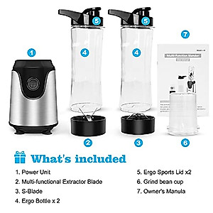 Personal Blender Countertop Smoothies Shakes: Professional Small Vegetable Food Blender Powerful Smoothie Maker Fruit Milkshake Mixer - 2x600ML Portable Travel Juice Cups One Grind Bottle & Kitchen