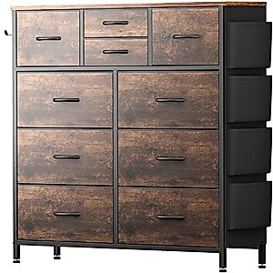 Himusi Dresser for Bedroom with 10 Drawers, Fabric Storage Tower with Side Pockets, Tall Chest of Drawers for Nursery, Hallway, Closets (Rustic Brown)