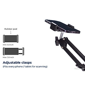 PHOTOMYNE Sturdy Flexible Phone Holder for Desk, Table, Office, Kitchen with Clamp for Photo Album Scanning, iPhone Holder for Desk- Black