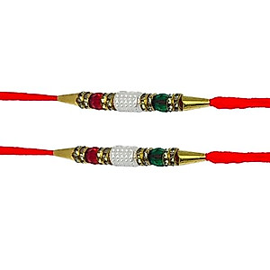 IndiaBigShop Rakhi for Brothers Rudrsha Red Moti Thread Rakhi for Bhaiya, Raksha Bandhan Gift for Your Brother Vary Color and Multi Design Assorted Rakhi- Set of 2