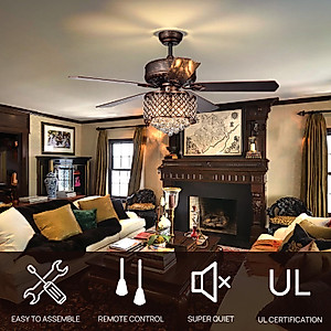 Neatmeat Crystal Ceiling Fans with Lights 52'' Chandelier Ceiling Fan with Pull Chain Control Flush Mount Vintage Bronze Ceiling Fan with 5 Reverse Wood Blades for Bedroom Living Room Dining Room