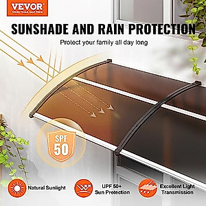 VEVOR Window Door Awning Canopy 120"x 40", UPF 50+ Polycarbonate Entry Door Outdoor Window Awning Exterior, Front Door Overhang Awning for Sun Shutter, UV, Rain, Snow Protection, Hollow Sheet