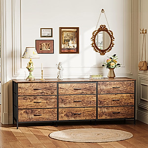 Huuger 9 Drawer Dresser, 63 Inch Dresser TV Stand for 55, 65, 70 Inch TV, Entertainment Center with Drawers, Large Long Fabric Dresser for Bedroom, Closet, Rustic Brown