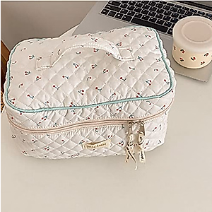 CAIYING Kawaii Coquette Makeup Bag Large Capacity Travel Cosmetic Bag Cotton Makeup Bag Quilted Cosmetic Pouch Coquette Aesthetic Floral Toiletry Bag