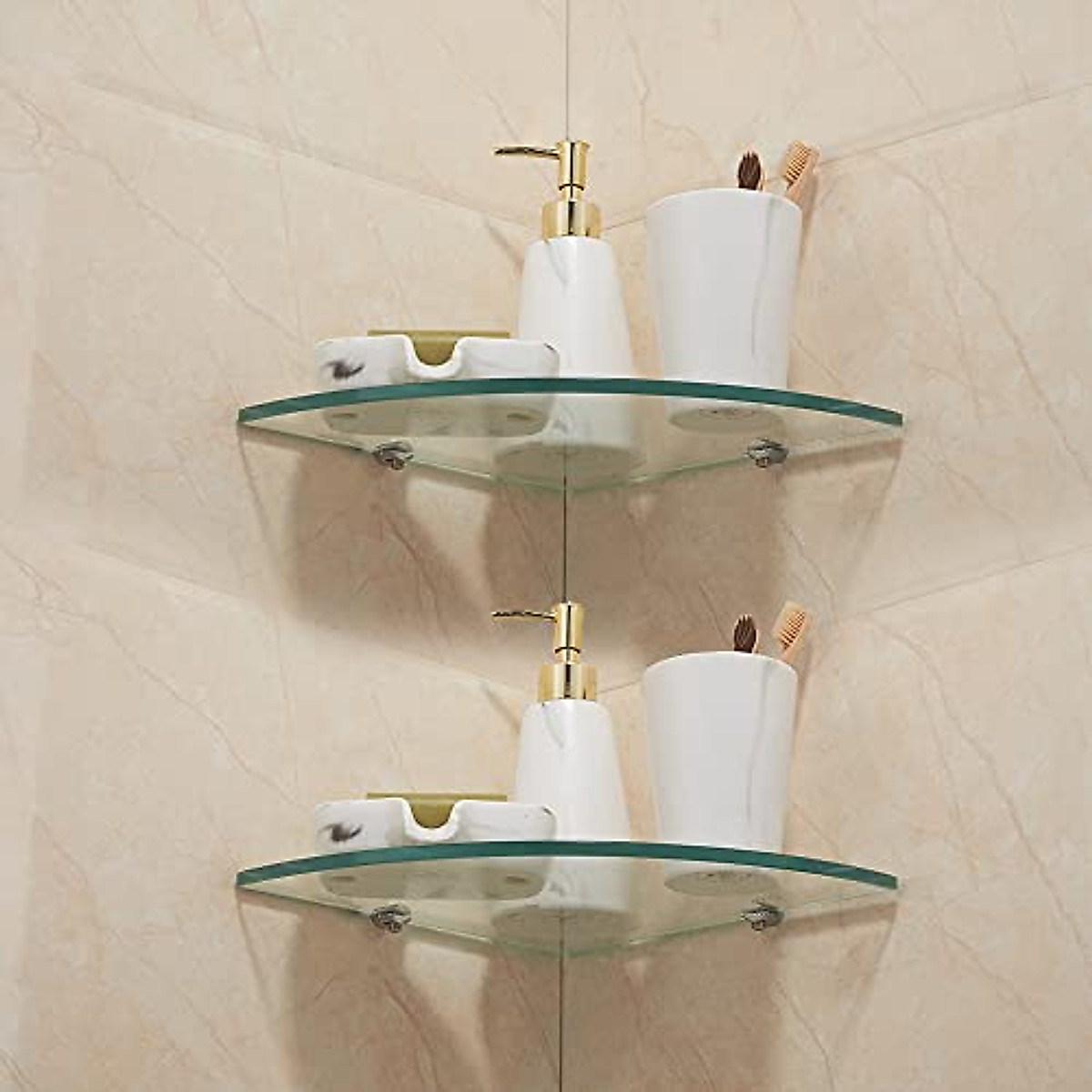 WAKLOND Bathroom Shelves, 2-Tier Bathroom Glass Corner Shelf Wall Mounted ,Tempered Glass Shelf for Storing Seasoning Bottle/Brush/Shower Gel/Soap/Shampoo