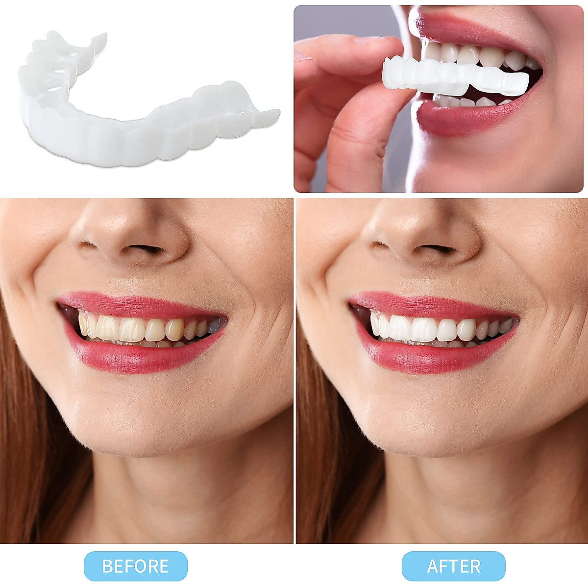 Teeth Veneers 2 Pieces Dental Veneers Fake Teeth Veneers Magic Teeth Brace Fake Top Teeth Customizable Temporary Fake Teeth White Instant Veneers Dentures with Mini Tweezer for Bad Teeth Whitening