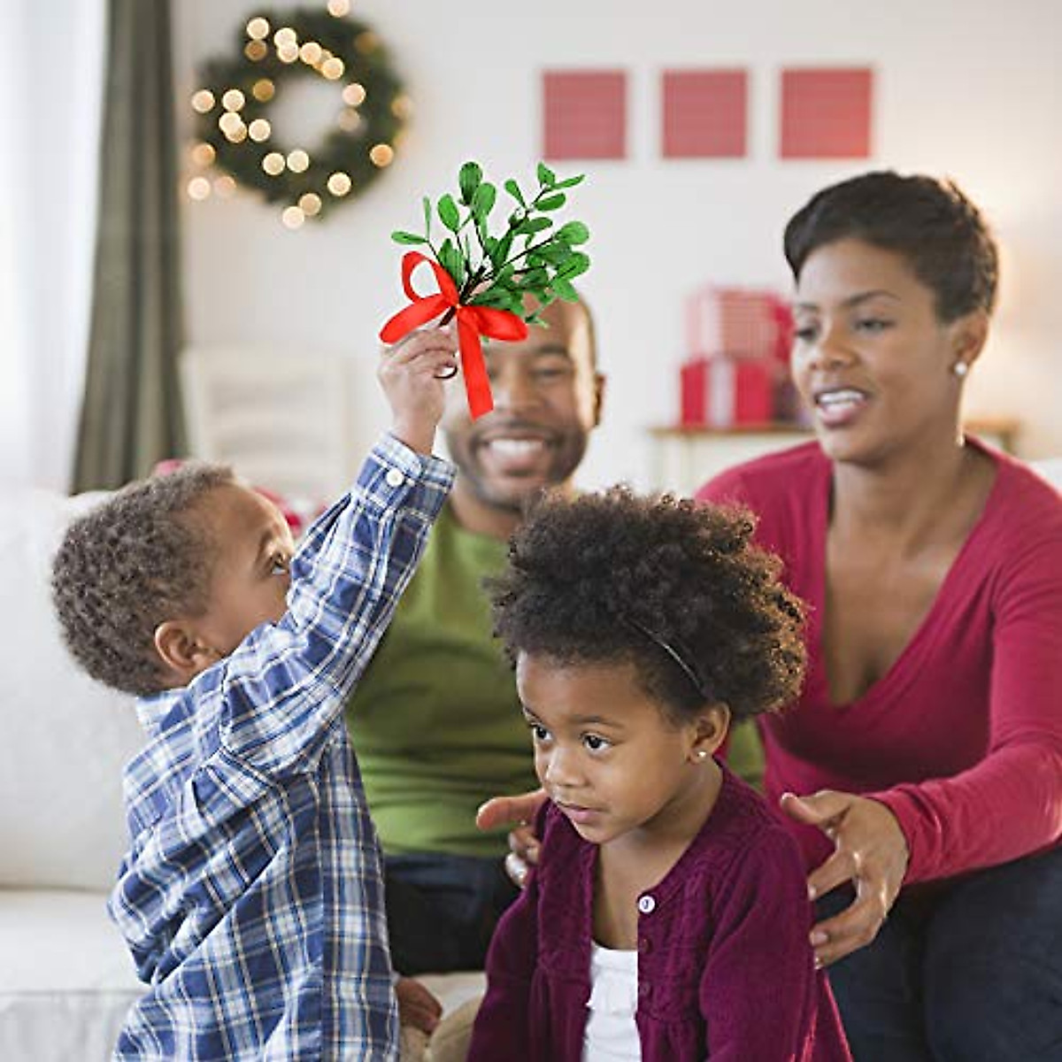 WILLBOND 6 Pieces Artificial Mistletoe Picks Christmas Fake Mistletoe Branches with Red Bow and 6 Pieces Sticky Hooks Adhesive Wall Hanging Hooks for Christmas Party Decor