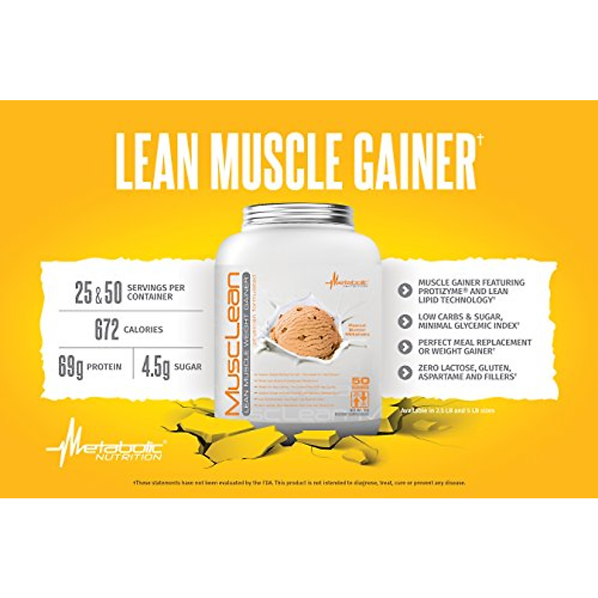 Metabolic Nutrition - Musclean - Milkshake Weight Gainer, Whey High Protein Meal Replacement, Maintenance Nutrition, Low Carb, Keto Diet, Digestive Enzymes, Vanilla, 2.5 Pound (25 ser)