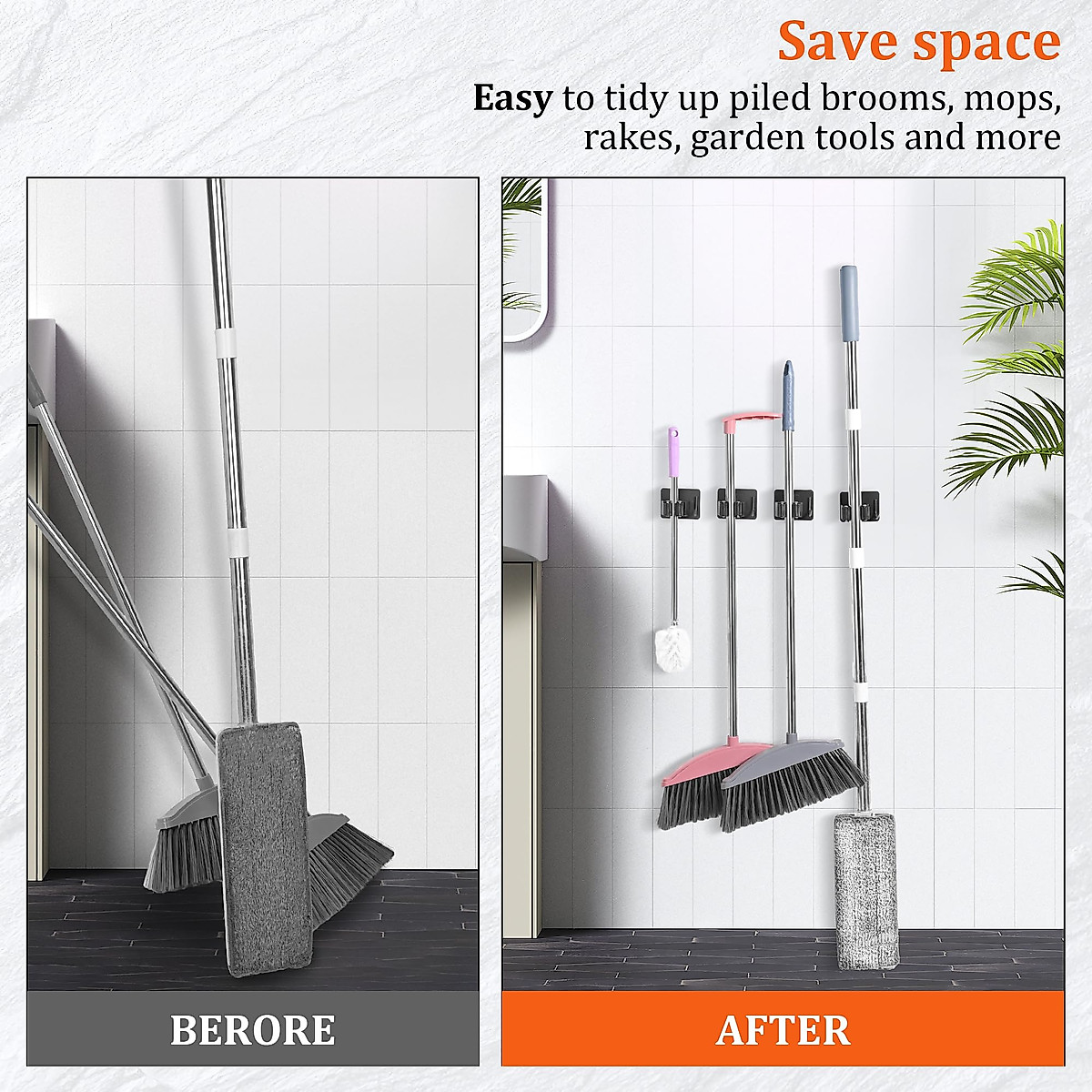 4Pcs Broom and Mop Holder, Stainless Steel Broom Storage Holder, Self Adhesive Anti-Slip Command Broom Holder Wall Mount, Mop Gripper with Hook for Kitchen Bathroom Closet Garden Garage Black