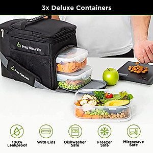 Insulated Lunch Box For Men - Meal Prep Lunch Bag Women/Men. Small Cooler Bag Includes 3 Lunch Containers and Ice Packs. Adjustable shoulder strap. By Prep Naturals