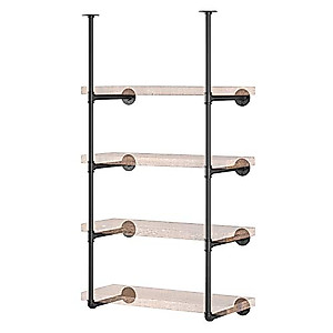 Yuanshikj 2Pc (56" tall 12"deep 3/4") Industrial Wall Mount iron Pipe Shelf Shelves Shelving Bracket Vintage Retro Black Open Bookshelf Bookcase DIY Storage office Kitchen (2 Pcs 4Tier Hardware only )