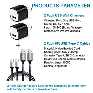 USB Type C Wall Charger Plug 5V 1A Power Adapter for Samsung Galaxy S22 S21s Ultra 5G S20 S10 S9 Plus Note 20 Note10 9 8, LG V70 V60 ThinQ G8 G6 with 2 Pack 6FT Type-C Fast Charging Cable Cords