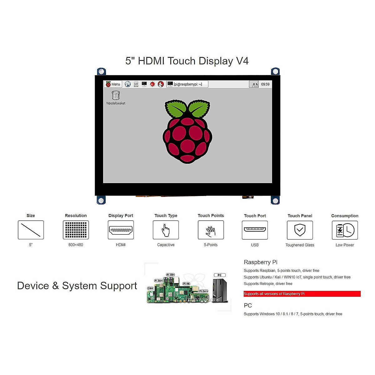 waveshare 5 inch Capacitive Touch Screen TFT LCD Display Toughened Glass Panel 800x480 5inch HDMI H V4 LCD for Raspberry Pi 4B/3B+/3B/Zero/Zero W WH,PC,Support VariousSystems