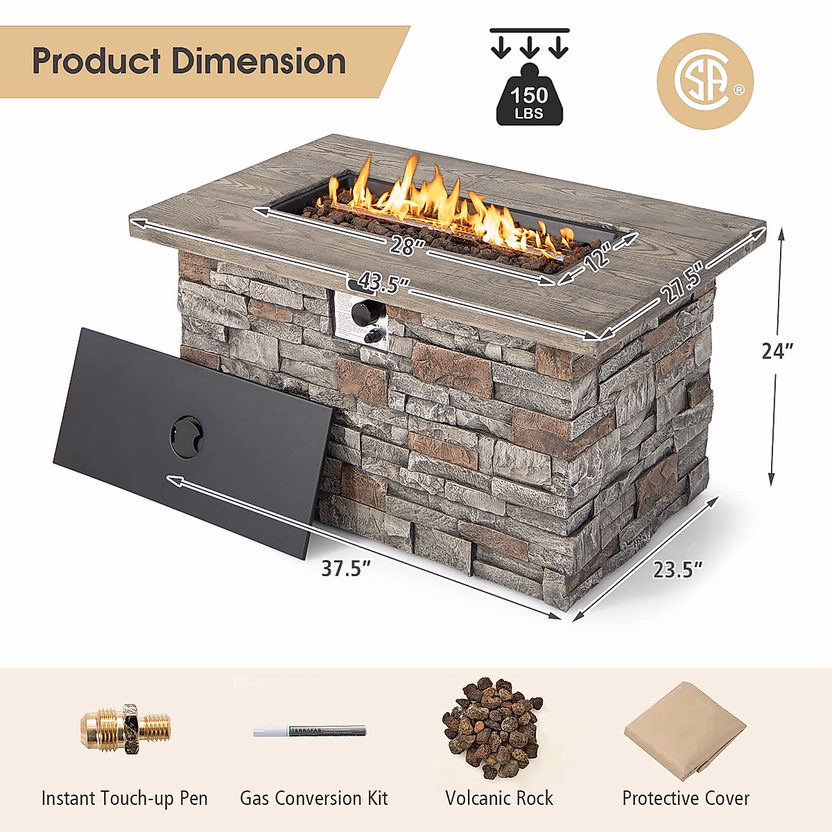 Tangkula 50,000 BTU Propane Fire Pit Table, Patiojoy 43.5 Inch Rectangle Fire Table with Faux Stone Surface, Outdoor Gas Fire Pit Table with Stainless Steel Burner, Waterproof PVC Cover, Lava Rocks