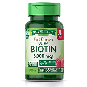 Nature's Truth Ultra Biotin 5000mcg | 165 Fast Dissolve Tablets | Hair Skin and Nails Supplement | Natural Berry Flavor | Vegetarian, Non-GMO, Gluten Free