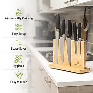 Magnetic Bamboo Knife Block 12", Double sided space saving freestanding storage holder for knives, handmade universal cutlery organizer stand with magnets in a bamboo outer layer, Without Knives