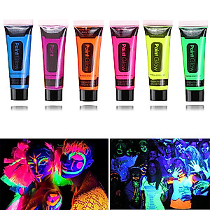 Fusang Glow in the Dark Face Body Paint,Washable Neon Face Body Paint,Black Light Face Makeup for Party Halloween Christmas Cosplay Masquerade Etc 0.48oz Set of 6 Tubes(6 colors)