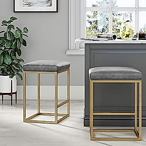 Nathan James Nelson Backless Pub-Height Kitchen Counter Bar Stool with Faux Leather Cushion and Metal Base, 24", Gray/Gold