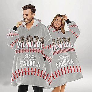Baseball Mama Leopard Lace Mom Grey Personalized Sherpa Blanket Hoodie Wearable Blanket Oversized Hoodie Blanket Gift for Adult Women Men Teens