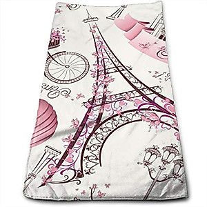 Pink Butterfly French Eiffel Tower Hand Towels Bathroom Soft Romantic Travel in Paris Bath Towel Absorbent Kitchen Dish Towel Home Decor 27.5'' X 12''