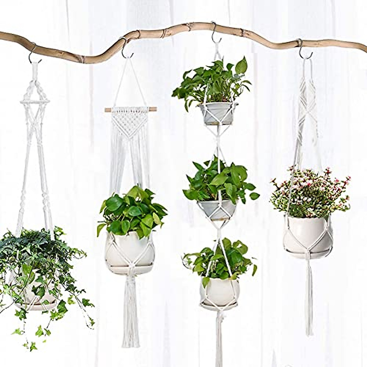 SNUGBERI 6 Pack Macrame Plant Hangers Indoor Outdoor Hanging Planter Basket Handmade Cotton Rope Flower Pot Holder Haning Plant Holder for Indoor Outdoor Boho & Home Decor (White)