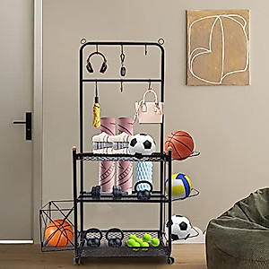 Garage Sports Equipment Organizer,Ball Storage Rack,Garage Ball Organizer Holder with Baskets and Hooks,Heavy Duty Steel Storage Cart