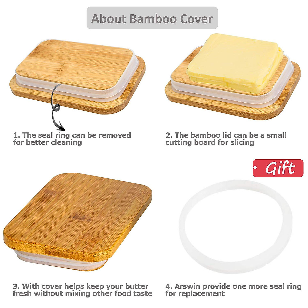 Arswin Butter Dish with Lid, Porcelain Keeper with Wood Lid Cover for Butter, Microwave Safe Easy Clean Butter Storage Container for Countertop and Refrigerator (Black 10oz)