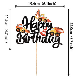 1 PCS Construction Happy Birthday Cake Topper Glitter Construction Cake Pick Dump Truck Excavator Tractor Cake Decorations for Construction Theme Baby Shower Kids Birthday Party Supplies Black