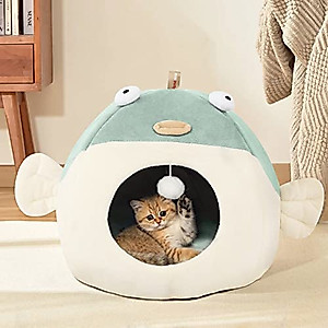 Vanansa Cat Bed for Indoor Cats, Large Covered Cat Bed with Anti-Scratch Lining, Ultra Soft Cat Hideaway, Cute Cat House with Hanging Toy, Pet Bed for Large Cats, Puppy Dog 9-13LB (Green L, 18" x 15")