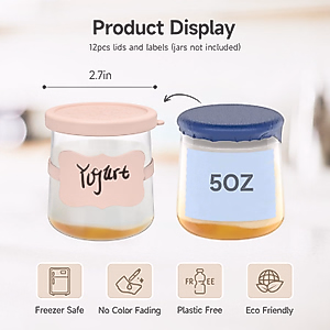 Sophico Oui Yogurt Jar Lids Silicone, 12 Pack Leak Proof Covers Fit For 5oz Yoplait Glass Jars with Silicone Reusable Bottle Labels, Airtight, Dishwasher Safe & BPA Free (Container Not Included)