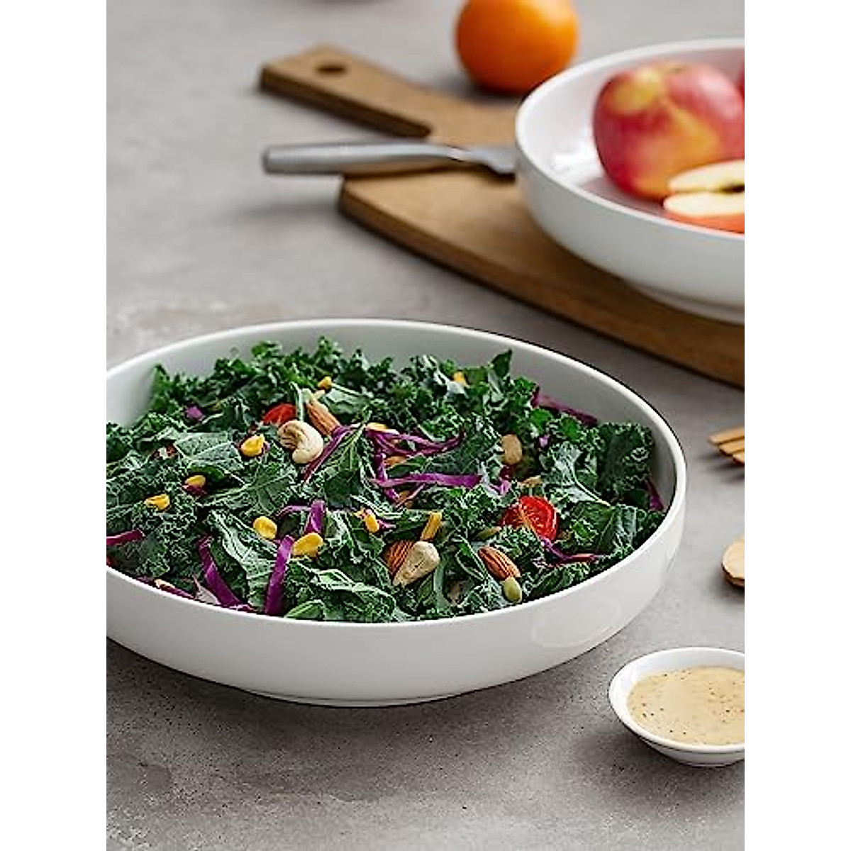 DOWAN Pasta Bowls, 65 oz Large Salad Bowls, 10'' White Serving Bowls Set of 2, Ceramic Shallow Bowl Plates, Serving Dishes for Soup Salad Pasta Vegetable Fruit Prep, Microwave Dishwasher Safe