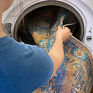 Softwoven Rugs, 5' Round Machine Washable Rug, 90% Cotton, Non-Slip, Family & Pet Friendly, Stain Resistant, Non-Shed, Vintage Design Area Rug for Living Room, Hallway - Navy and Brown