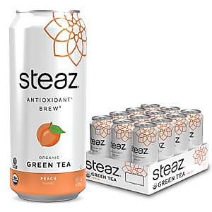 Steaz Organic Iced Green Tea Antioxident Brew, Peach, 16 Fl Oz, Pack of 12