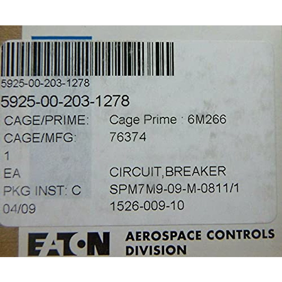 Eaton Aerospace 1526-000-10 10 AMP Circuit Breaker GC885C10, 5925-00-203-1278