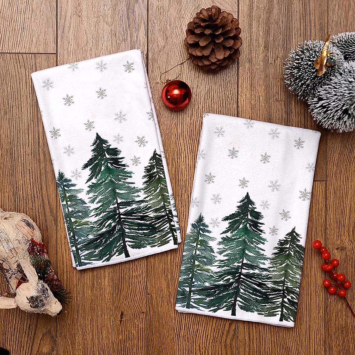 ARKENY Christmas Kitchen Towels Set of 2,Green Xmas Tree Snowflake Dish Towels 18x26 Inch Drying Dishcloth,Farmhouse Nobel Home Decoration AD140