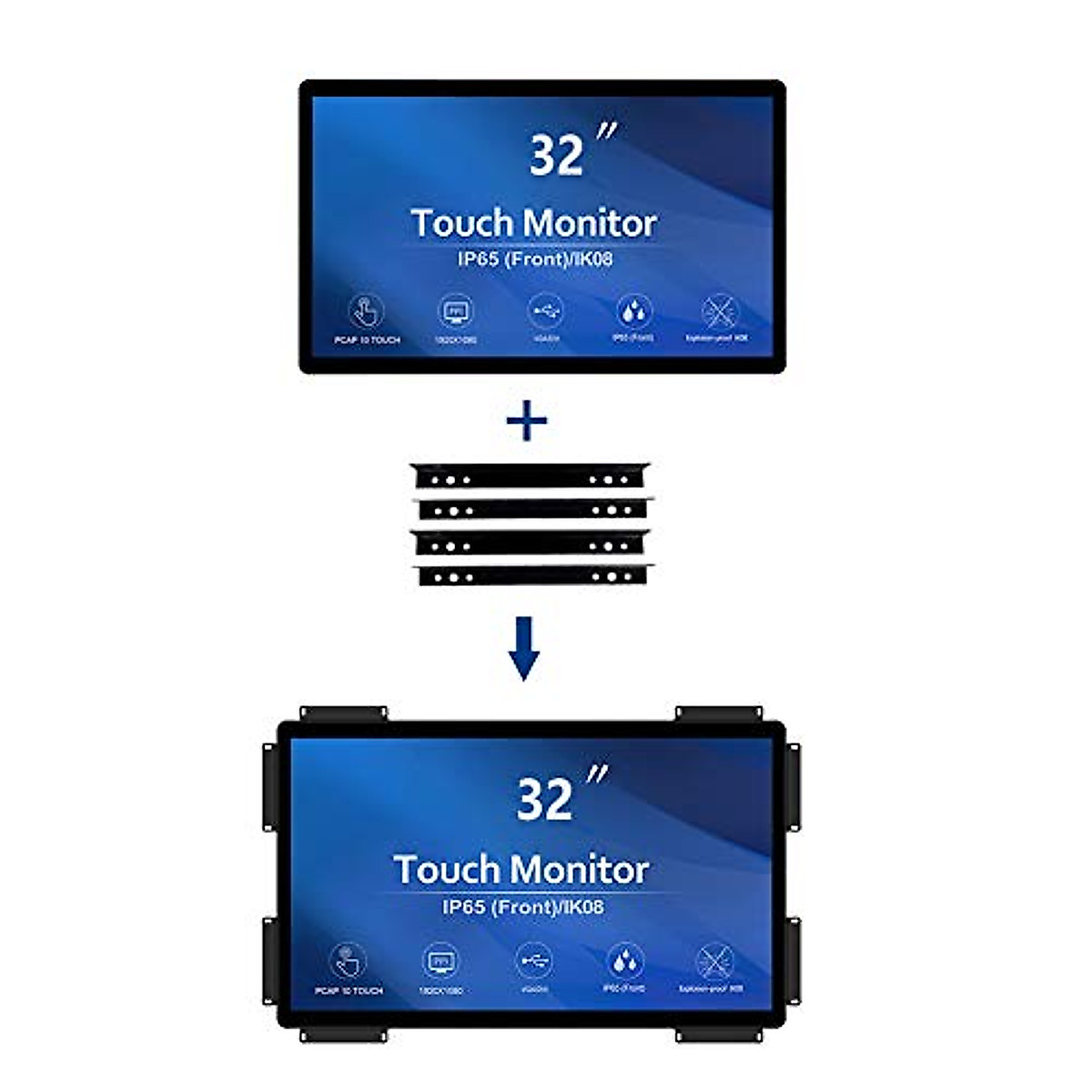 GreenTouch 32 inch 10 Points PCAP Open Frame Touch Screen Industrial LCD Display Monitor HDMI+VGA+DVI Video Port