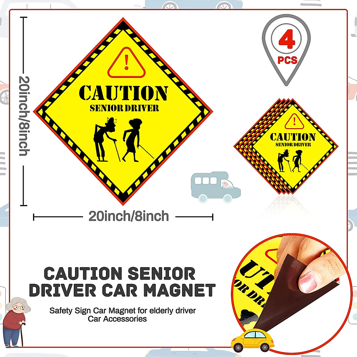 4 Pieces Over The Hill Gag Gifts Driver Car Magnet Elderly Driver Sticker Funny Car Magnets for Over The Hill Party Supplies Gags and Practical Joke Toys