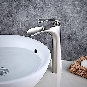Bathroom Vessel Sink Faucet Tall Brushed Nickel Waterfall Single Handle Bath Lavatory One Hole Basin Mixer Tap Commercial Farmhouse Lead-Free Faucets