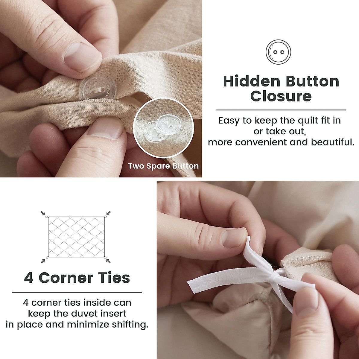 Simple&Opulence Ruffled Linen Duvet Cover Set 3Pcs with Vintage Shabby Chic Multiple Frills (1 Comforter Cover & 2 Pillowcases) Natural Flax Cotton Blended Luxury Bedding - Linen, Queen Size