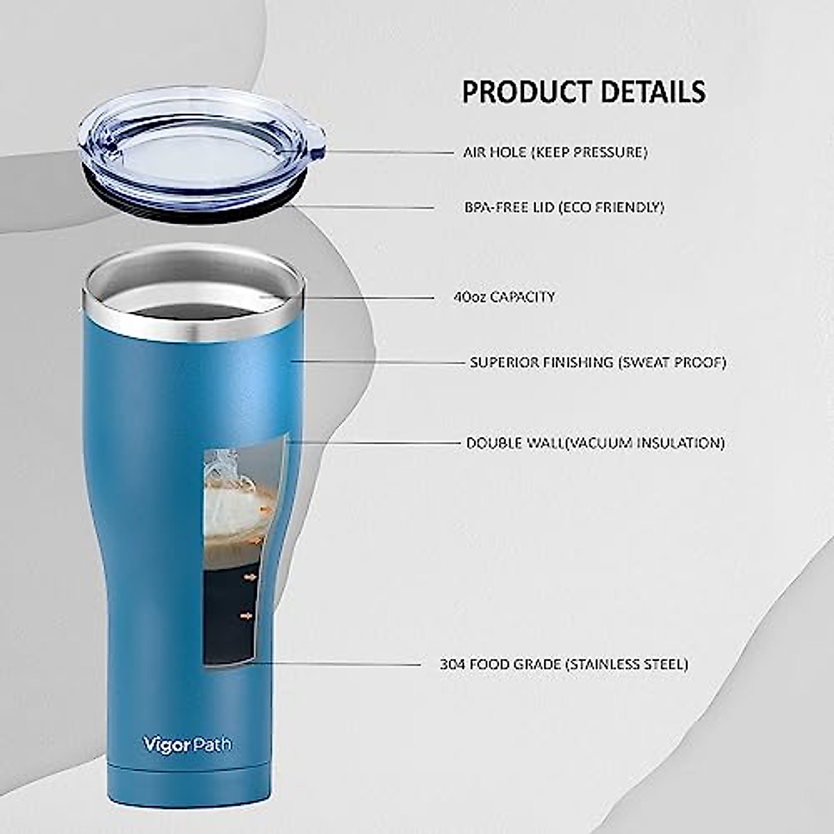 VIGOR PATH Insulated Tumbler Cup with Slide Lid, Double-Walled Vacuum Stainless Steel Water Bottle Travel Mug - Leak-Proof Thermal Cup for Home and Outdoor Adventures - 40oz (Dark Blue)