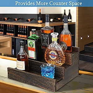 ERTIUANIO 3 Step Real Wood Countertop Liquor Bottle Display Shelf, 12 Bottle Freestanding Bar Shelves with Fences, Home Retro Wine Rack Storage Organizer, Whiskey Coffee Syrup Display Stand