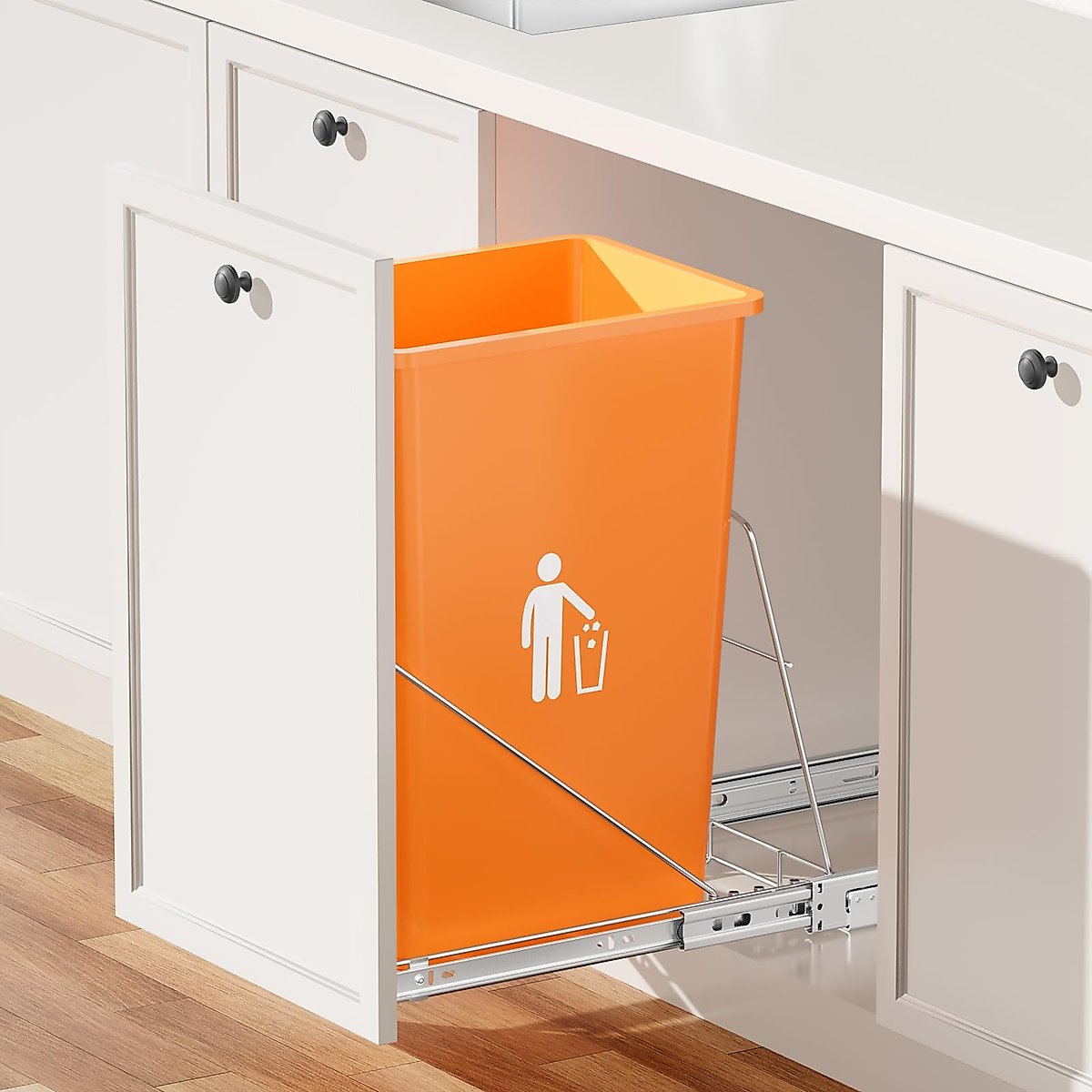 RUNMI Pull Out Trash Can Under Cabinet, Under Sink Trash Can Rack with Door Mounting Kit, Cabinet Trash Can Pull Out Kit Holds 7-10 Gallon Trash Can, for Kitchen Cabinet, Trash Can Not Included