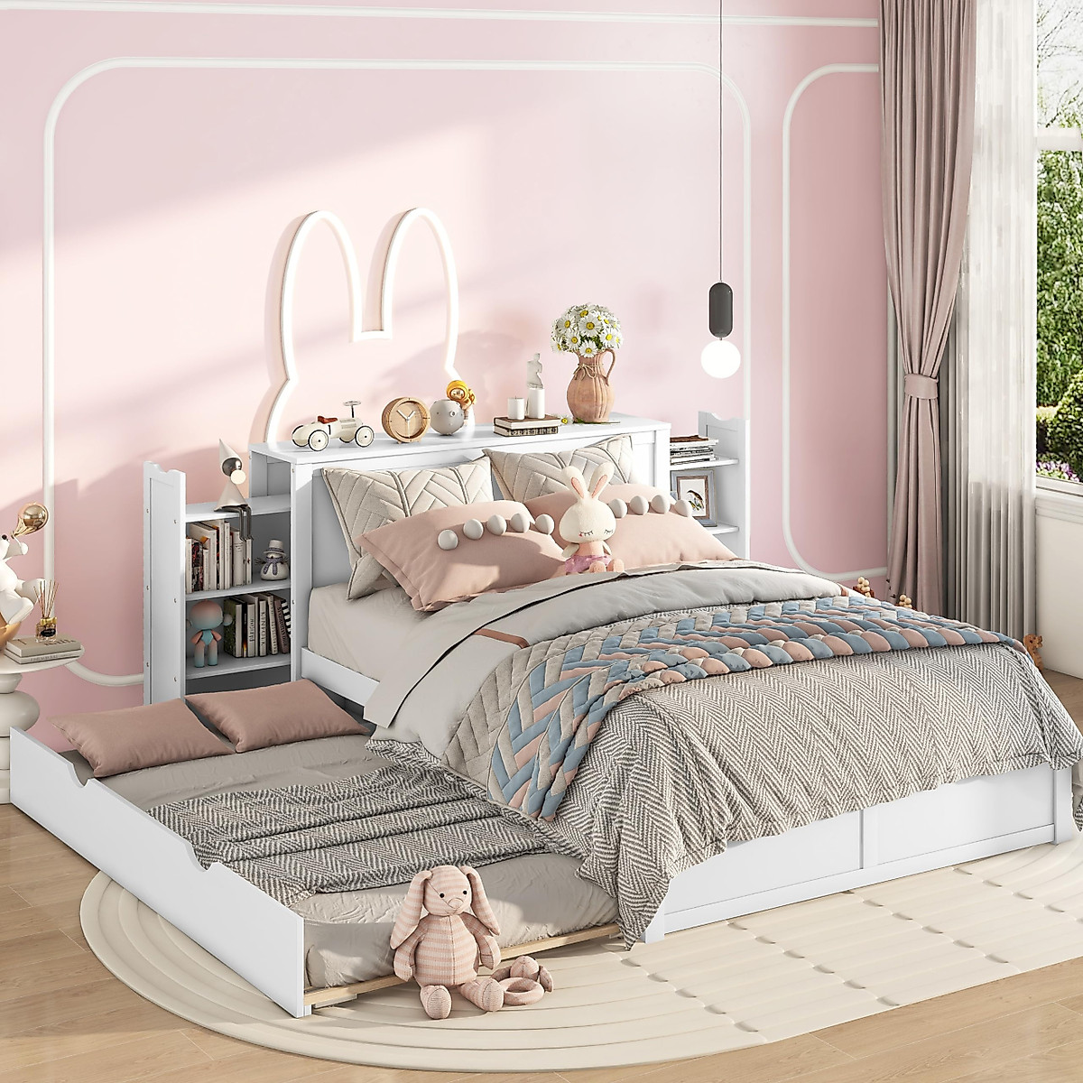 Queen Size Storage Bed with Trundle, Wood Platform Bed Frame with Storage Shelves Headboard and Twin Size Trundle Bed, Wooden Queen Beds for Kids Boys Girls Teens, White