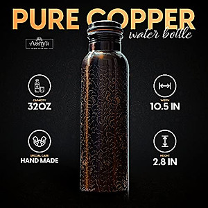 Aanya Pure Copper Water Bottle - 32 Oz Ayurvedic Copper Vessel with Engraved Design & Smooth Finish - Premium Copper Flask with Leak Proof Design & Silicone Ring Cap (Black & Brown Shade)