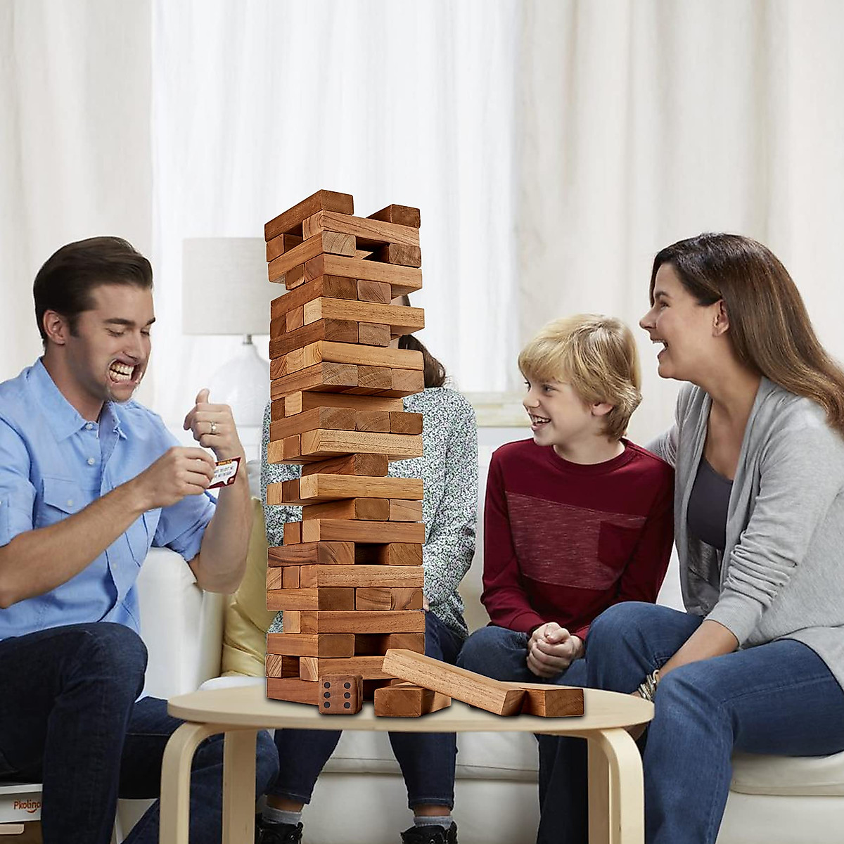 Pointyard 56PCS Giant Tumble Tower [Stack to 5FT+], Carbonized Pine Wooden Tumble Timber Game Set for Teens Adults Family - Classic Stacking Block Party Game with 1 Dice | Scoreboard | Carry Bag