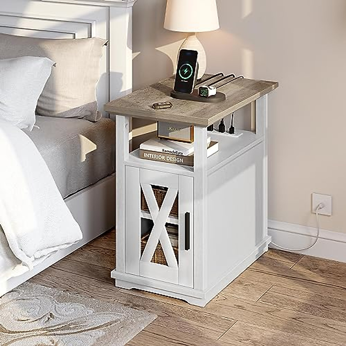YITAHOME End Table with Charging Station, Narrow Side Table with Storage Adjustable Shelf, Farmhouse Nightstand with Door for Living Room, Bedroom, Grey Wash