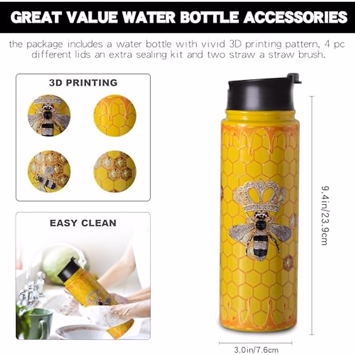 Weboia 24 oz Queen Bee Water Bottles 4 Lids For School With Straw,Hoeny Bee Insulated Metal Water Bottle Birthday Gifts For Women Ideas,Gifts For Girlfriend Daughter