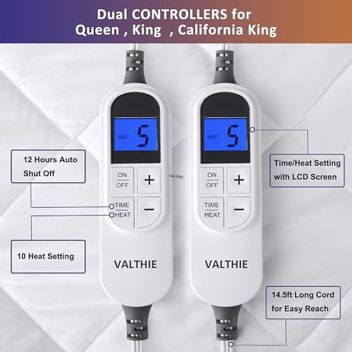 Heated Mattress Pad California King Size,Dual Control Electric Mattress Pad with 10 Heat Settings Controller and 1-12 Hours Auto Shut Off, Electric Bed Warmer with 8-21" Deep Pocket